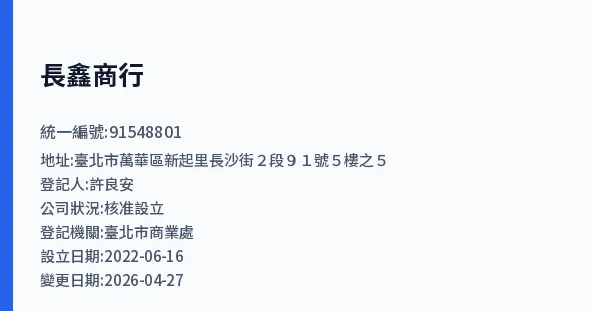 長鑫商行的照片-統編 91548801(臺北市) 公司登記資料與營業項目詳細圖表