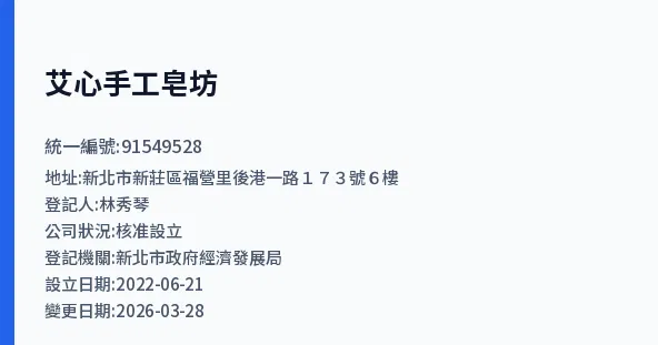 艾心手工皂坊的照片-統編 91549528(新北市) 公司登記資料與營業項目詳細圖表