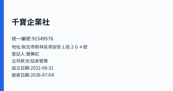 千寶企業社的照片-統編 91549576(新北市) 公司登記資料與營業項目詳細圖表
