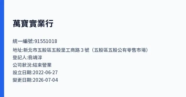 萬寶實業行的照片-統編 91551018(新北市) 公司登記資料與營業項目詳細圖表