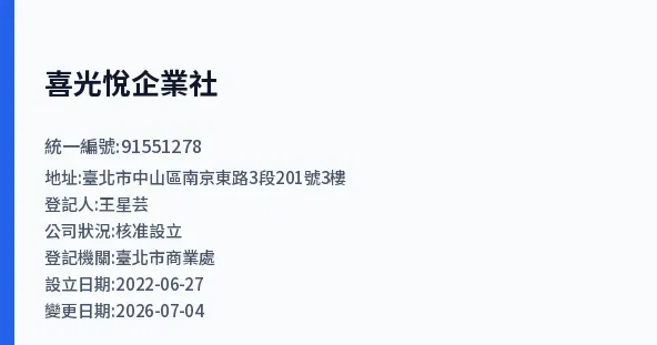 喜光悅企業社的照片-統編 91551278(臺北市) 公司登記資料與營業項目詳細圖表