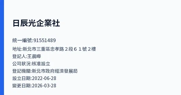 日辰光企業社的照片-統編 91551489(新北市) 公司登記資料與營業項目詳細圖表