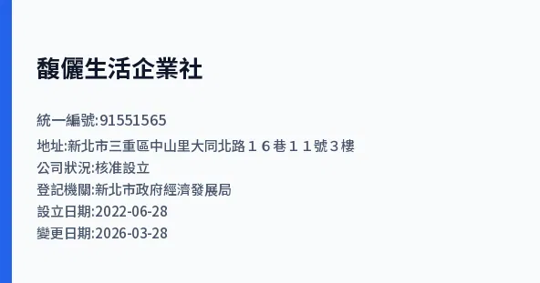 馥儷生活企業社的照片-統編 91551565(新北市) 公司登記資料與營業項目詳細圖表