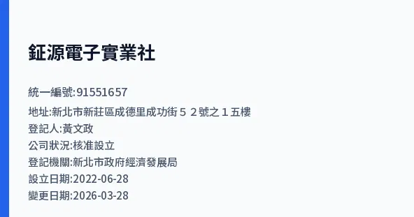 鉦源電子實業社的照片-統編 91551657(新北市) 公司登記資料與營業項目詳細圖表