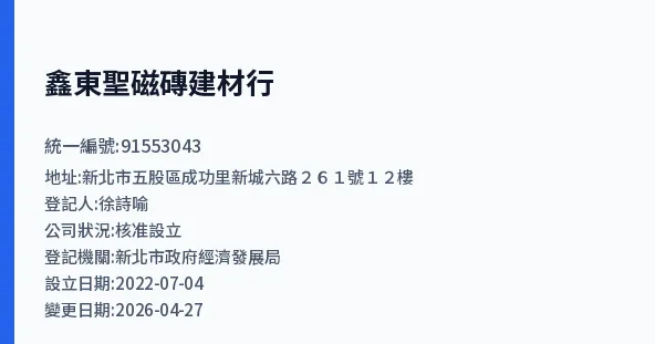 鑫東聖磁磚建材行的照片-統編 91553043(新北市) 公司登記資料與營業項目詳細圖表