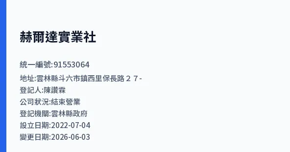 赫爾達實業社的照片-統編 91553064(雲林縣) 公司登記資料與營業項目詳細圖表