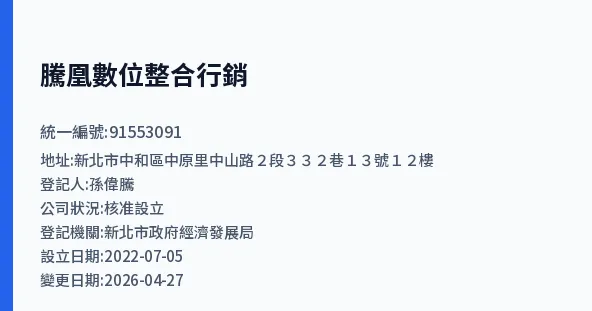 騰凰數位整合行銷的照片-統編 91553091(新北市) 公司登記資料與營業項目詳細圖表