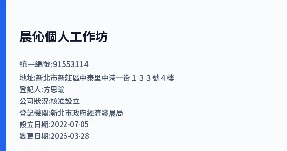 晨伈個人工作坊的照片-統編 91553114(新北市) 公司登記資料與營業項目詳細圖表