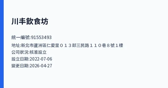 川丰飲食坊的照片-統編 91553493(新北市) 公司登記資料與營業項目詳細圖表