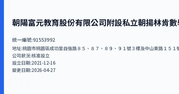 朝陽富元教育股份有限公司附設私立朝揚林肯數學文理語文短期補習班的照片-統編 91553992(桃園市) 公司登記資料與營業項目詳細圖表