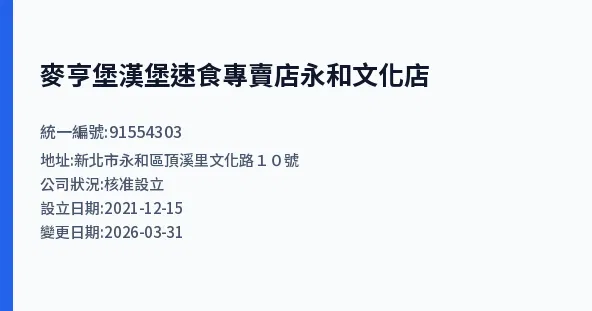 麥亨堡漢堡速食專賣店永和文化店的照片-統編 91554303(新北市) 公司登記資料與營業項目詳細圖表