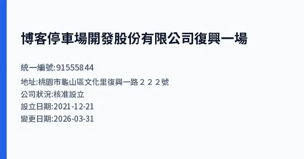 博客停車場開發股份有限公司復興一場的照片-統編 91555844(桃園市) 公司登記資料與營業項目詳細圖表