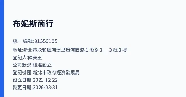 布妮斯商行的照片-統編 91556105(新北市) 公司登記資料與營業項目詳細圖表