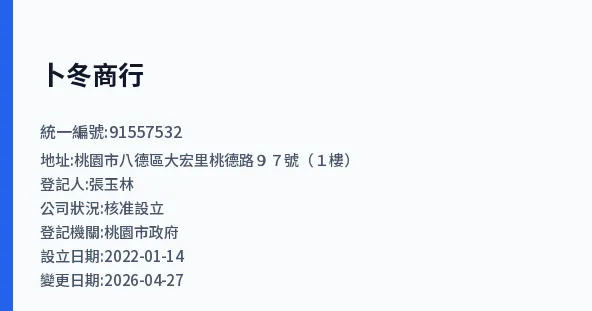 卜冬商行的照片-統編 91557532(桃園市) 公司登記資料與營業項目詳細圖表
