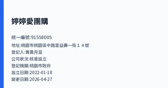 婷婷愛團購的照片-統編 91558005(桃園市) 公司登記資料與營業項目詳細圖表