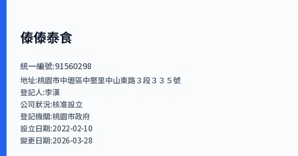 傣傣泰食的照片-統編 91560298(桃園市) 公司登記資料與營業項目詳細圖表