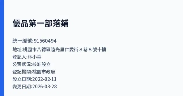 優品第一部落鋪的照片-統編 91560494(桃園市) 公司登記資料與營業項目詳細圖表