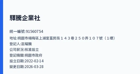 驛騰企業社的照片-統編 91560754(桃園市) 公司登記資料與營業項目詳細圖表