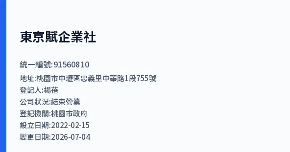 東京賦企業社的照片-統編 91560810(桃園市) 公司登記資料與營業項目詳細圖表