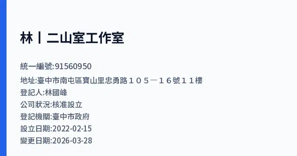 林丨二山室工作室的照片-統編 91560950(臺中市) 公司登記資料與營業項目詳細圖表