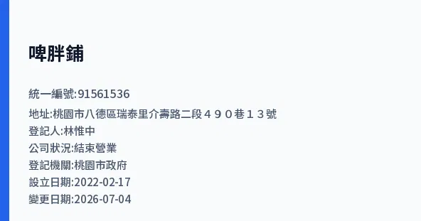 啤胖鋪的照片-統編 91561536(桃園市) 公司登記資料與營業項目詳細圖表