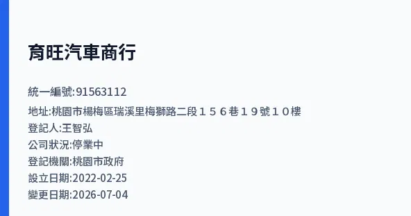 育旺汽車商行的照片-統編 91563112(桃園市) 公司登記資料與營業項目詳細圖表