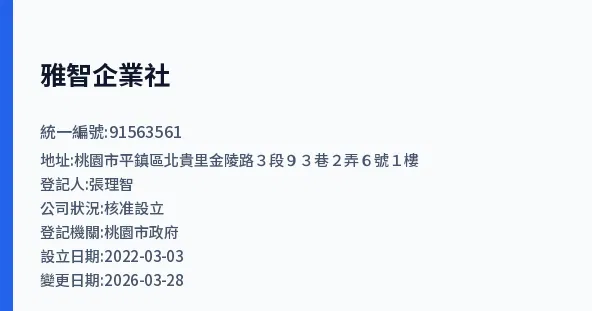 雅智企業社的照片-統編 91563561(桃園市) 公司登記資料與營業項目詳細圖表
