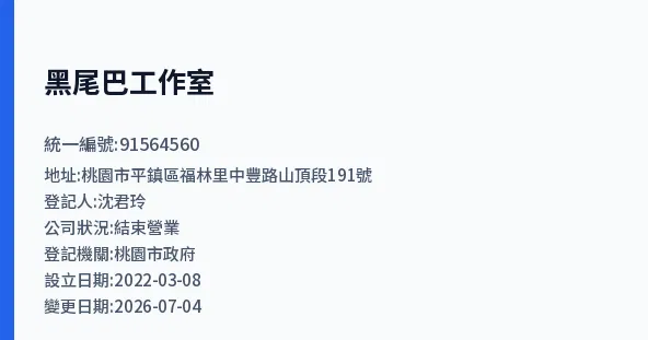 黑尾巴工作室的照片-統編 91564560(桃園市) 公司登記資料與營業項目詳細圖表