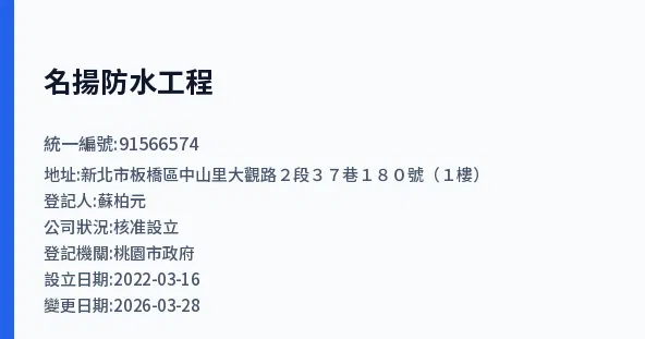 名揚防水工程的照片-統編 91566574(新北市) 公司登記資料與營業項目詳細圖表