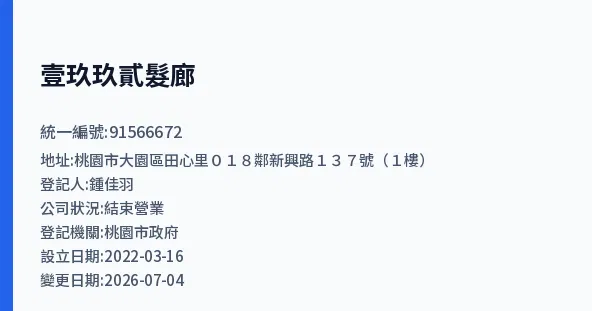 壹玖玖貳髮廊的照片-統編 91566672(桃園市) 公司登記資料與營業項目詳細圖表