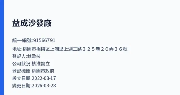 益成沙發廠的照片-統編 91566791(桃園市) 公司登記資料與營業項目詳細圖表