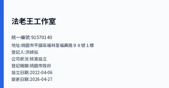 法老王工作室的照片-統編 91570140(桃園市) 公司登記資料與營業項目詳細圖表