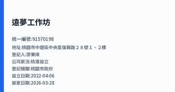 遠夢工作坊的照片-統編 91570198(桃園市) 公司登記資料與營業項目詳細圖表