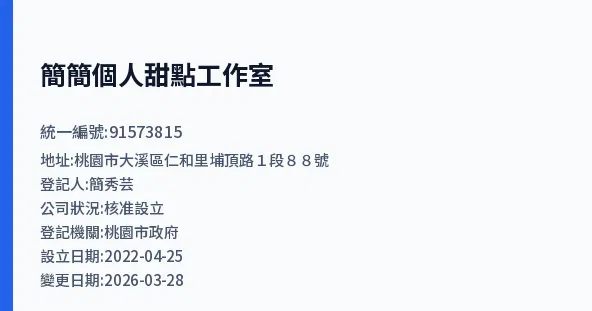 簡簡個人甜點工作室的照片-統編 91573815(桃園市) 公司登記資料與營業項目詳細圖表