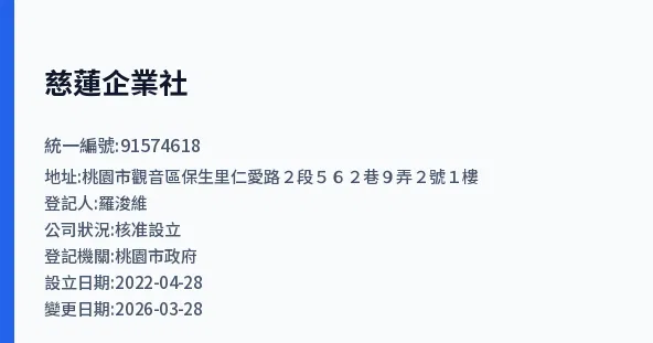 慈蓮企業社的照片-統編 91574618(桃園市) 公司登記資料與營業項目詳細圖表