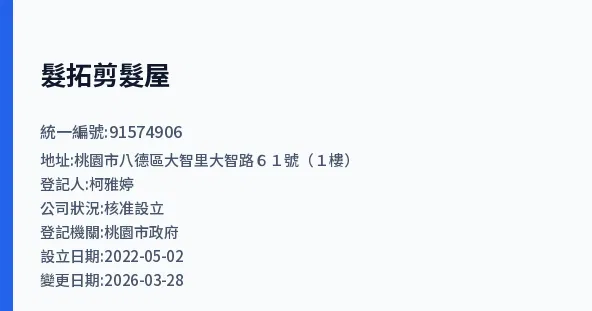 髮拓剪髮屋的照片-統編 91574906(桃園市) 公司登記資料與營業項目詳細圖表