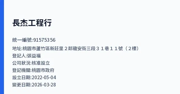 長杰工程行的照片-統編 91575356(桃園市) 公司登記資料與營業項目詳細圖表