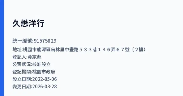 久懋洋行的照片-統編 91575829(桃園市) 公司登記資料與營業項目詳細圖表