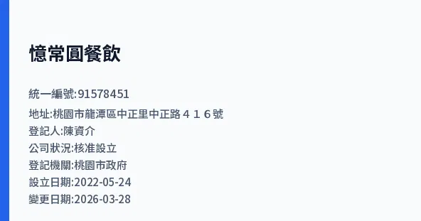 憶常圓餐飲的照片-統編 91578451(桃園市) 公司登記資料與營業項目詳細圖表