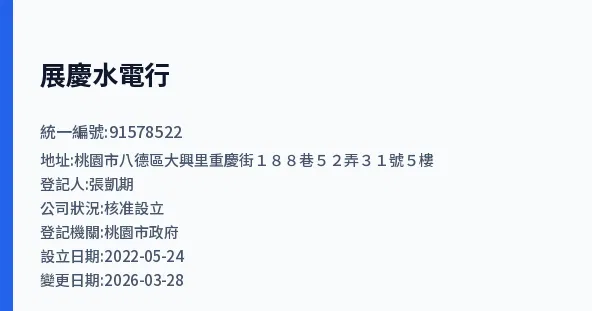 展慶水電行的照片-統編 91578522(桃園市) 公司登記資料與營業項目詳細圖表