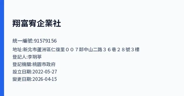 翔富宥企業社的照片-統編 91579156(新北市) 公司登記資料與營業項目詳細圖表