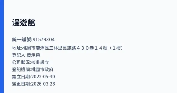 漫遊館的照片-統編 91579304(桃園市) 公司登記資料與營業項目詳細圖表