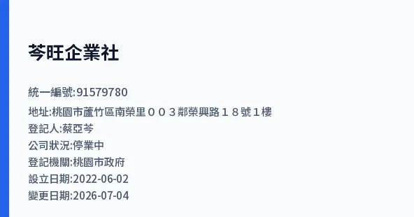 芩旺企業社的照片-統編 91579780(桃園市) 公司登記資料與營業項目詳細圖表