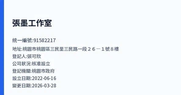 張墨工作室的照片-統編 91582217(桃園市) 公司登記資料與營業項目詳細圖表
