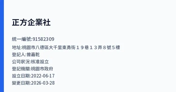 正方企業社的照片-統編 91582309(桃園市) 公司登記資料與營業項目詳細圖表