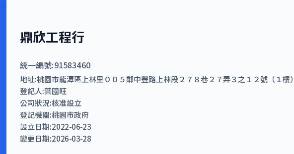 鼎欣工程行的照片-統編 91583460(桃園市) 公司登記資料與營業項目詳細圖表