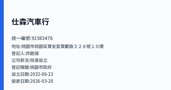 仕森汽車行的照片-統編 91583476(桃園市) 公司登記資料與營業項目詳細圖表