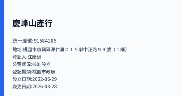 慶峰山產行的照片-統編 91584186(桃園市) 公司登記資料與營業項目詳細圖表