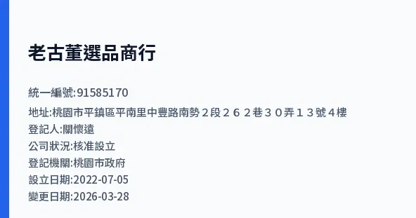 老古董選品商行的照片-統編 91585170(桃園市) 公司登記資料與營業項目詳細圖表