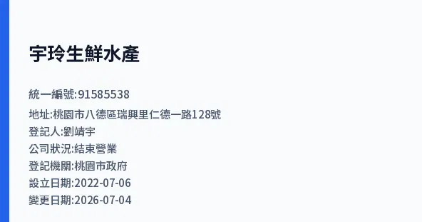 宇玲生鮮水產的照片-統編 91585538(桃園市) 公司登記資料與營業項目詳細圖表